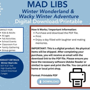 Winter-themed Mad Libs, Class Activity, Family Party, Group Game ...