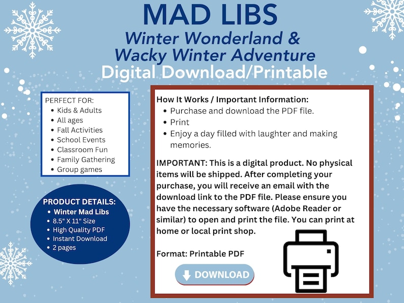 Winter-themed Mad Libs, Class Activity, Family Party, Group Game ...