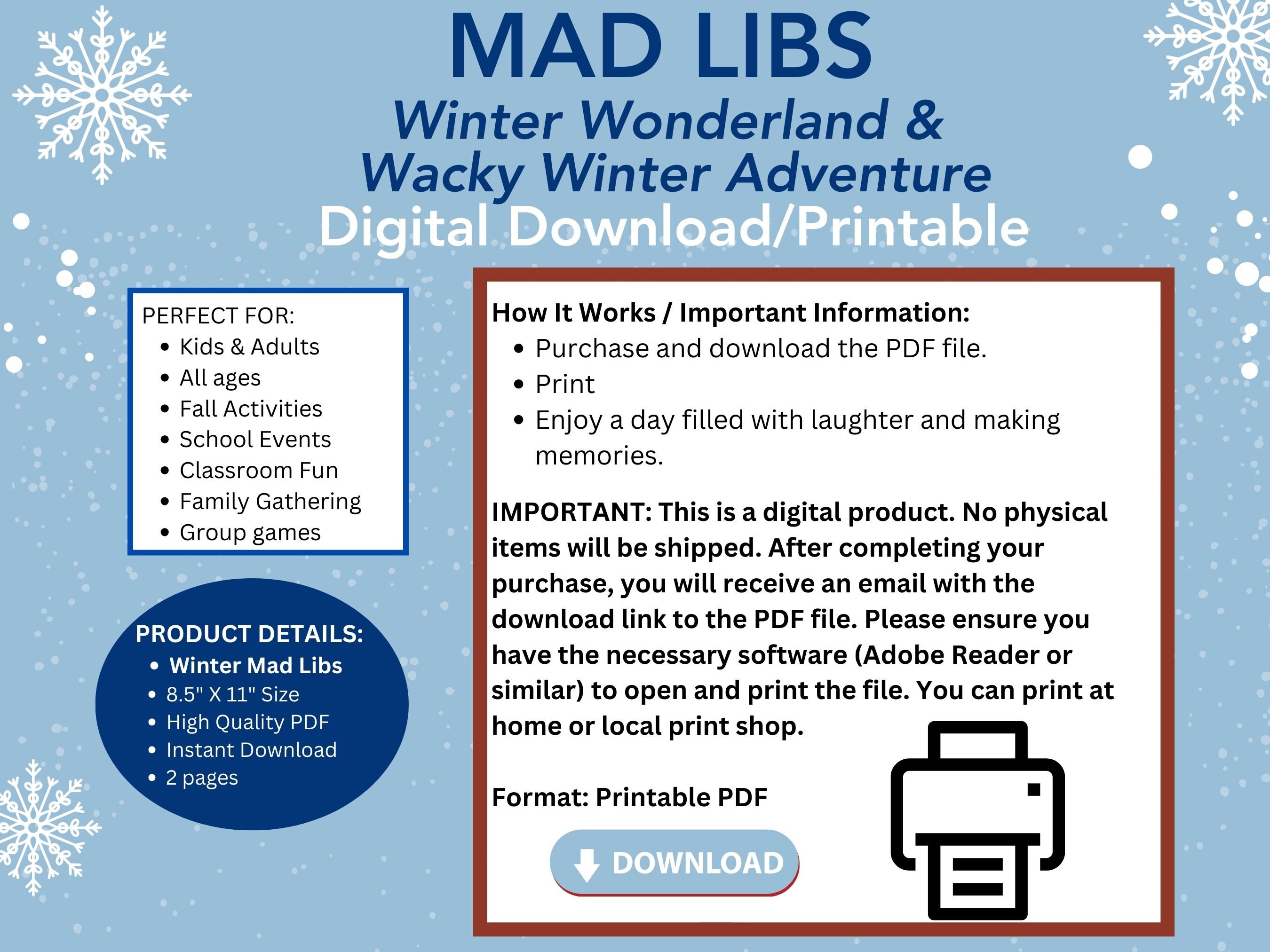 Winter-themed Mad Libs, Class Activity, Family Party, Group Game ...