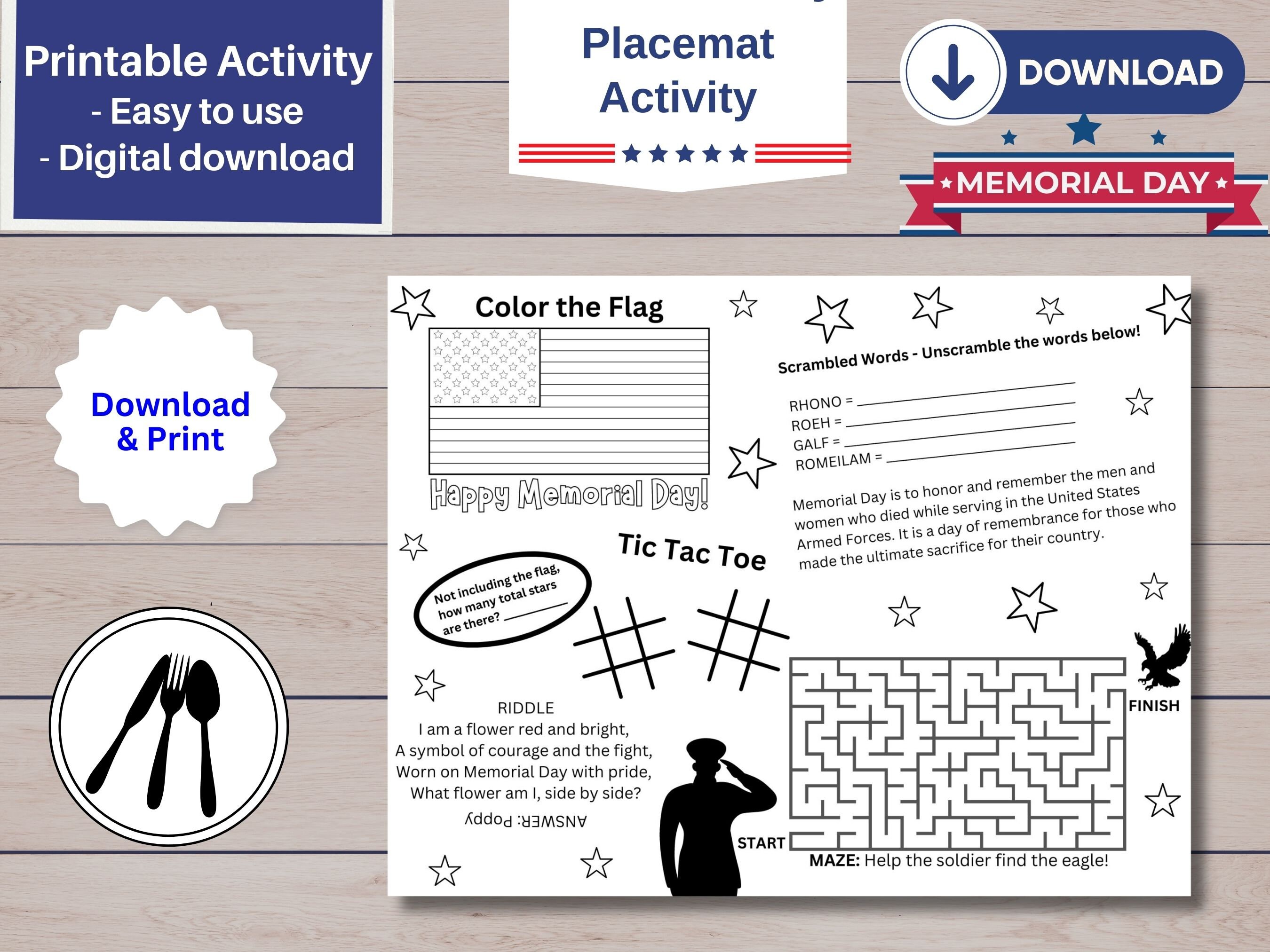 Memorial Day Printable Placemat, Activity Sheet, Table Mat Craft ...