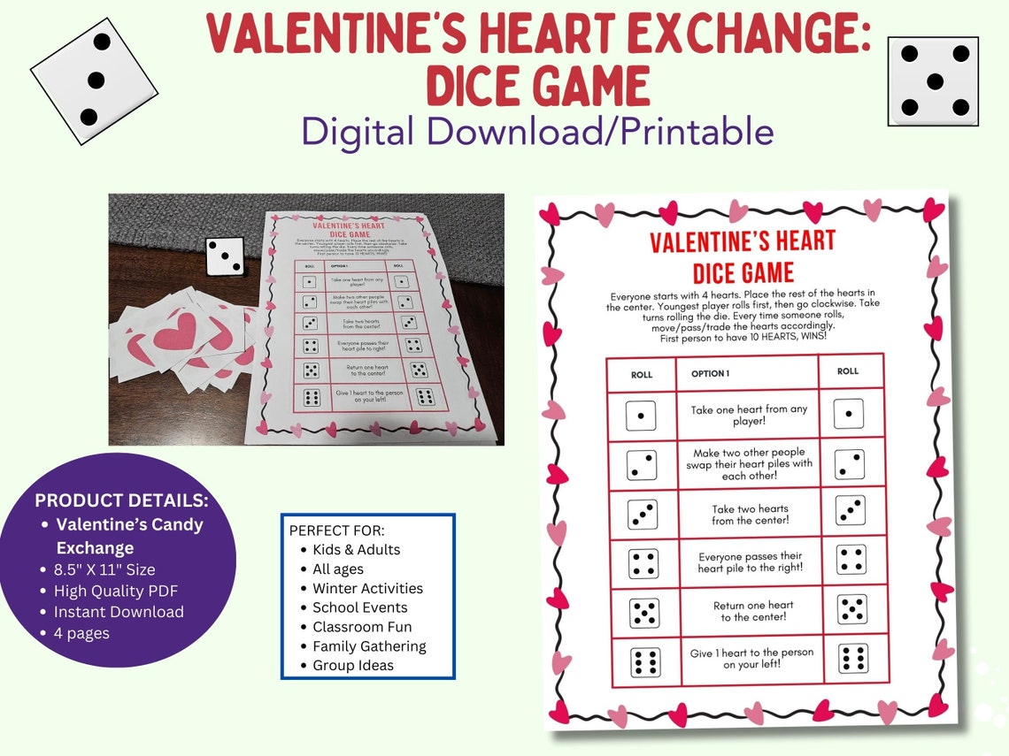 Valentine's Dice Game, Heart Exchange Game, School & Family Activity ...