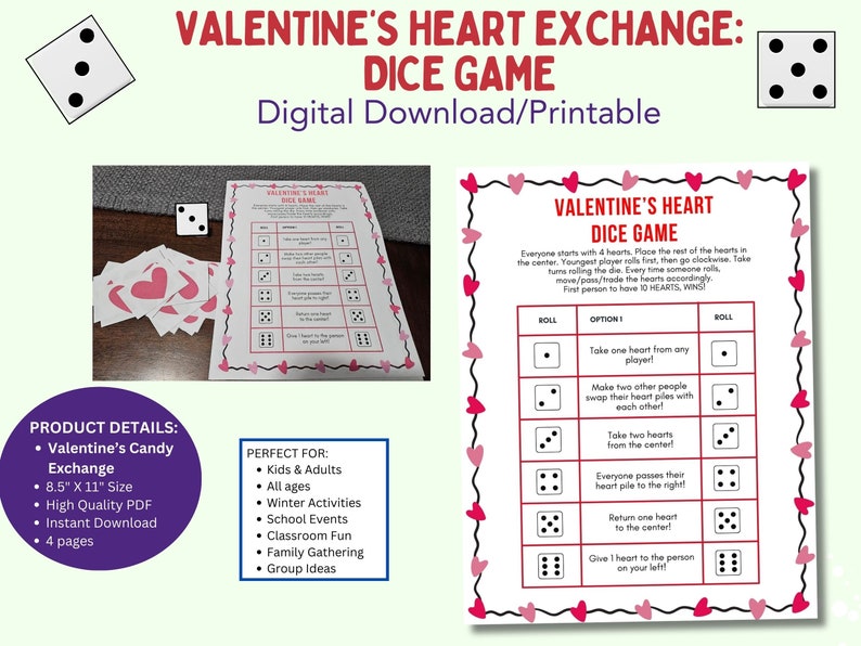 Valentine's Dice Game, Heart Exchange Game, School & Family Activity ...