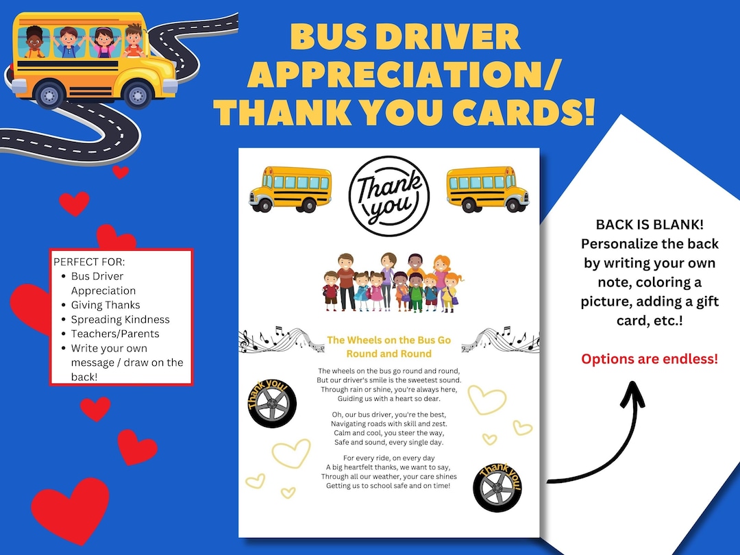 Cute School Bus Driver Appreciation Note/ Thank You Card, Class ...