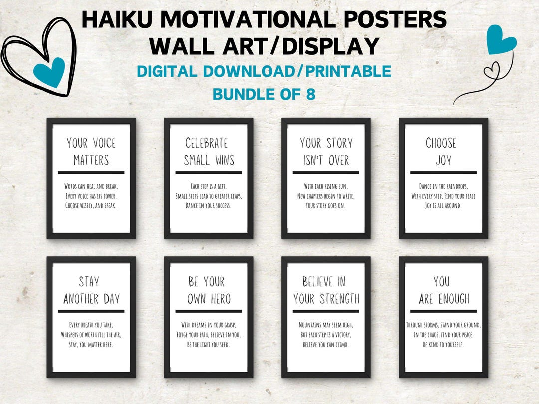 Haiku Motivational Wall Art/prints, Set of 8, Positive Mindset, Daily ...