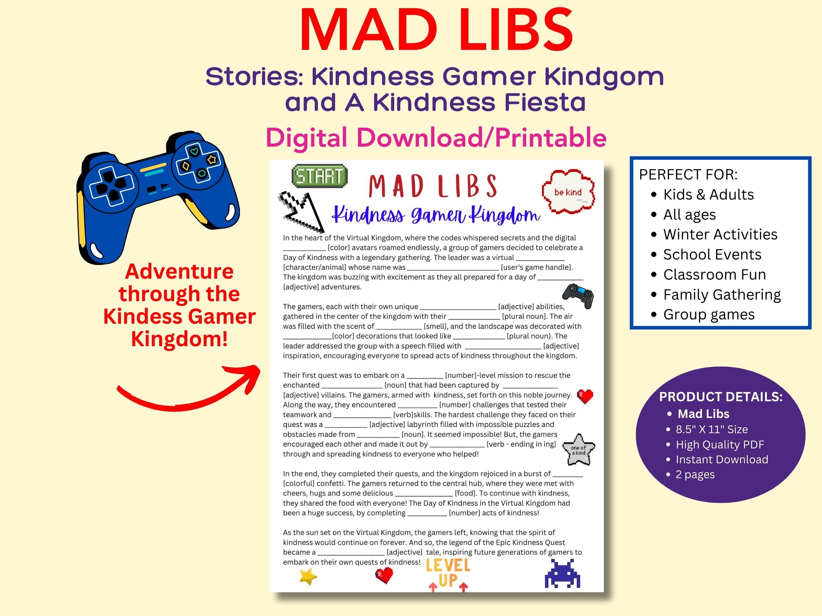 Kindness-themed MAD LIB, Gamer Kingdom & Kindness Fiesta Stories, Class ...
