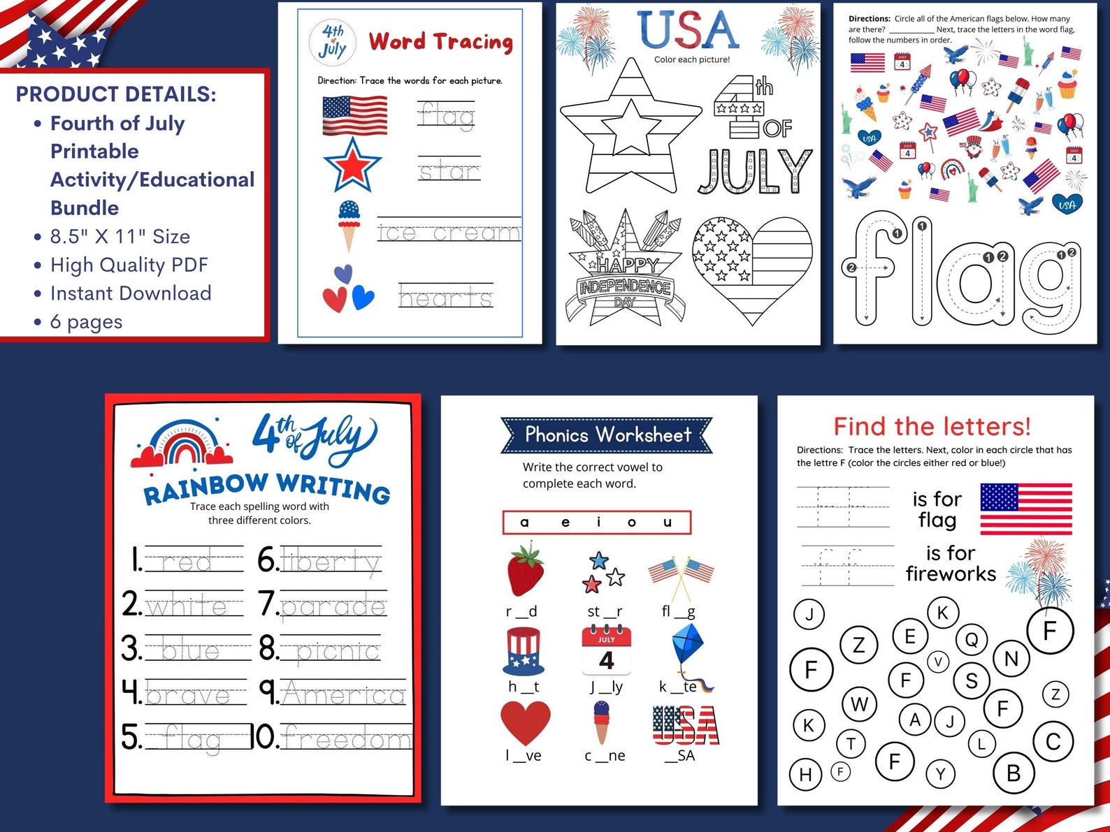 4th of July Activity Bundle for Learners - Phonics, Letter Tracing ...