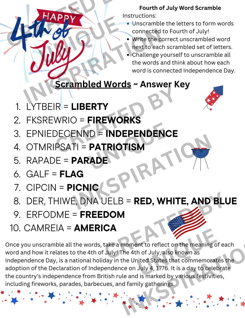 4th of July Independence Day Word Scramble - Printable PDF, Family ...