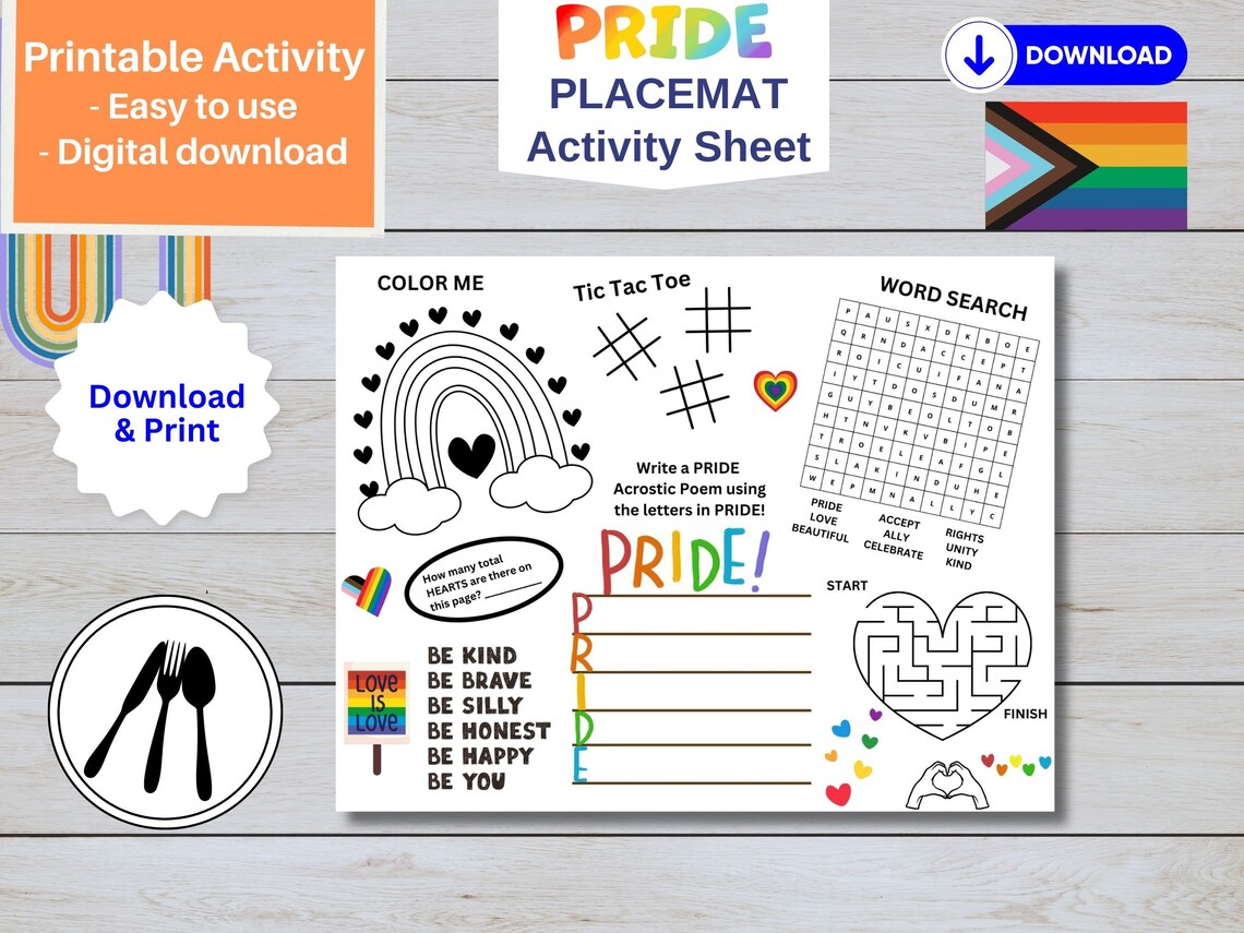 PRIDE Placemat, Fun Kids Activity Table Mat, Craft Activity Page, Love ...