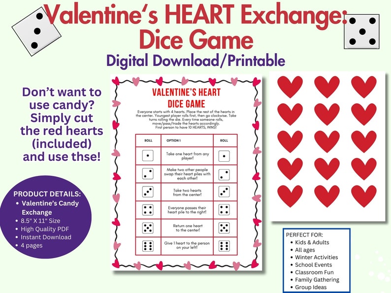 Valentine's Dice Game, Heart Exchange Game, School & Family Activity ...