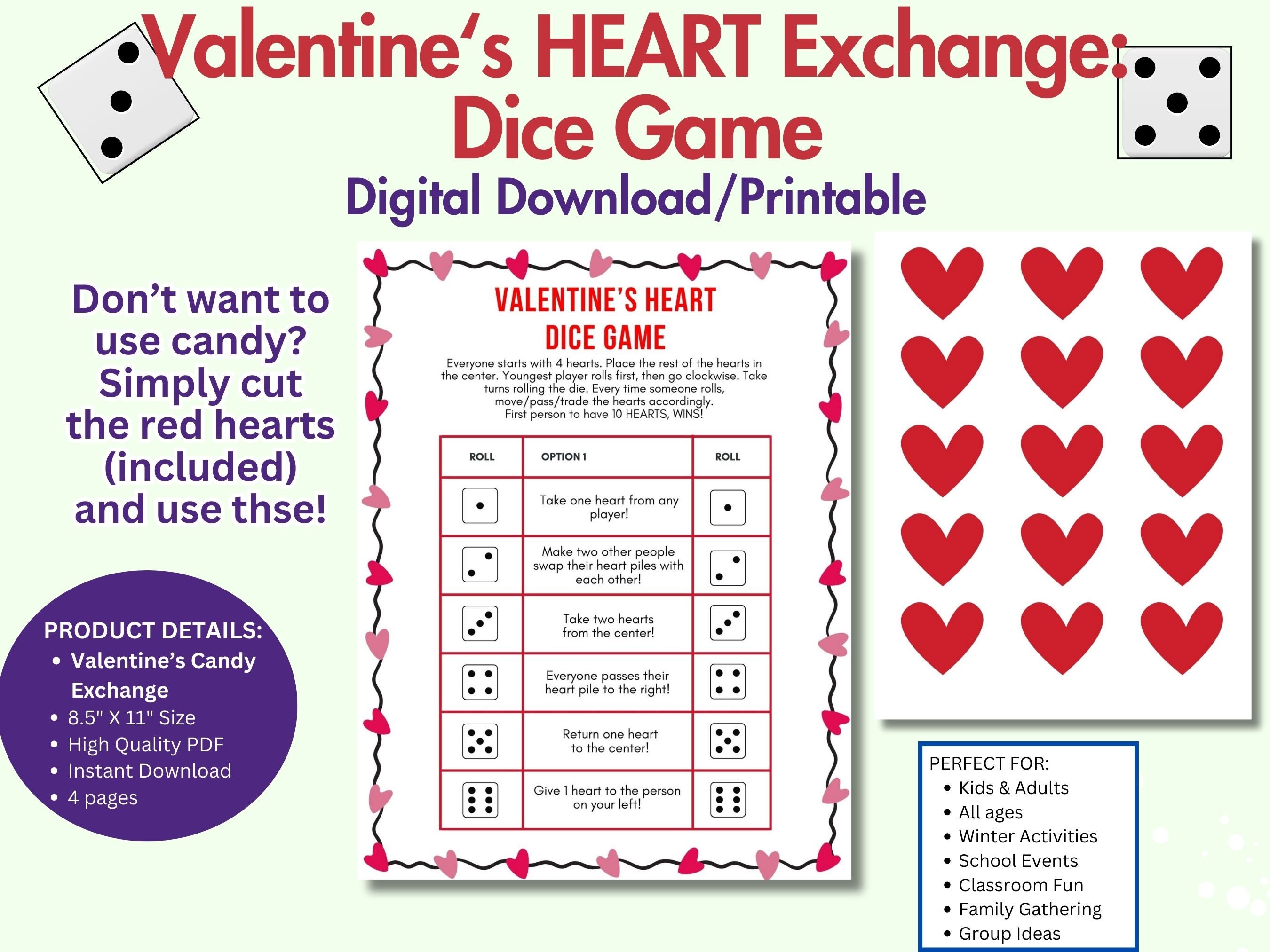 Valentine's Dice Game, Heart Exchange Game, School & Family Activity ...