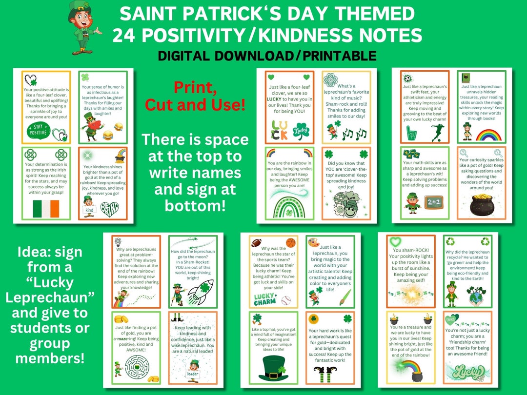 St. Patrick's Day Positivity Notes, Spread Joy and Kindness, Cute ...