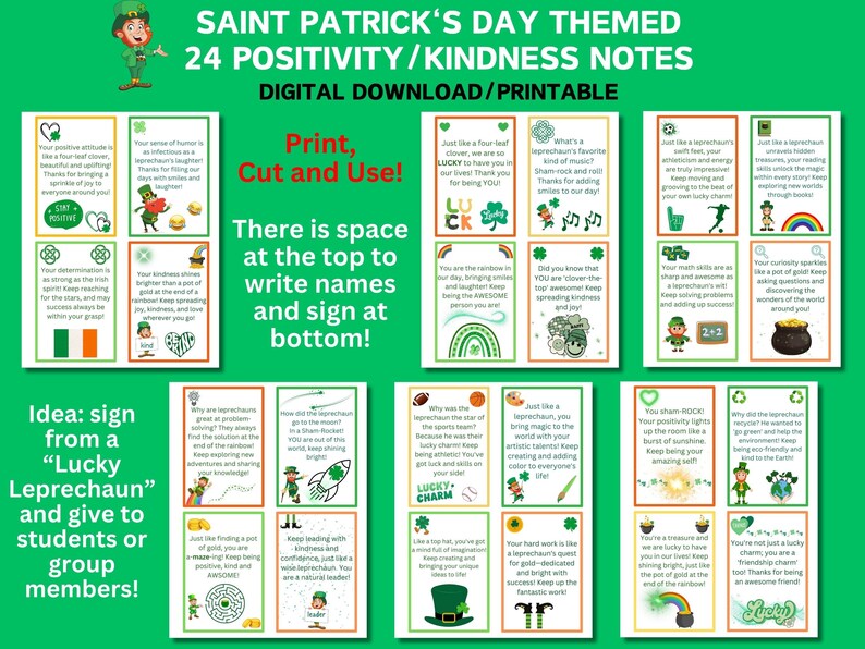 St. Patrick's Day Positivity Notes, Spread Joy and Kindness, Cute ...