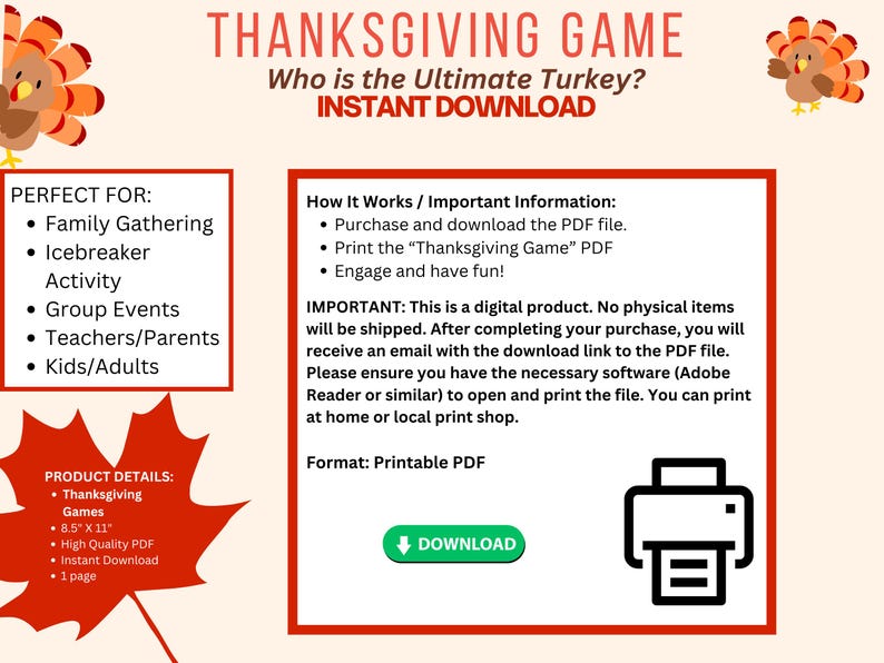 Thanksgiving Game, Who is Most Like a Turkey? Icebreaker, Family ...