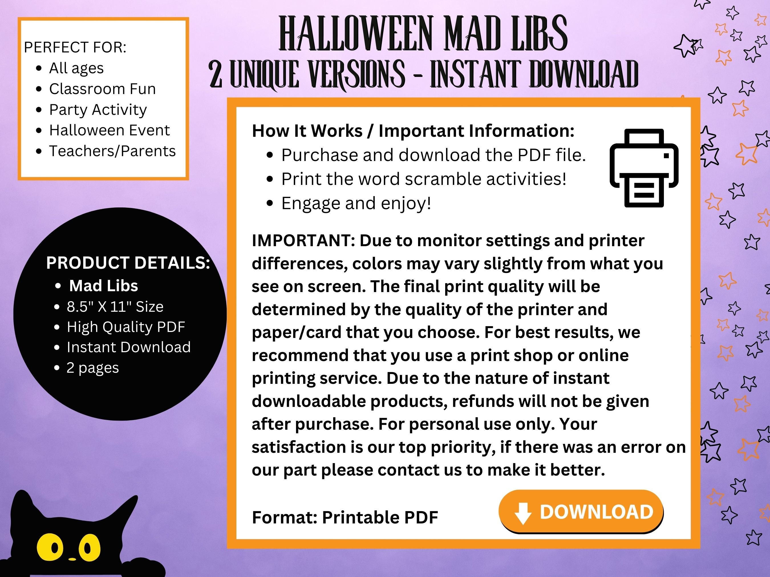 Halloween Mad Libs Bundle - Instant Download, Classroom Activity, Party ...