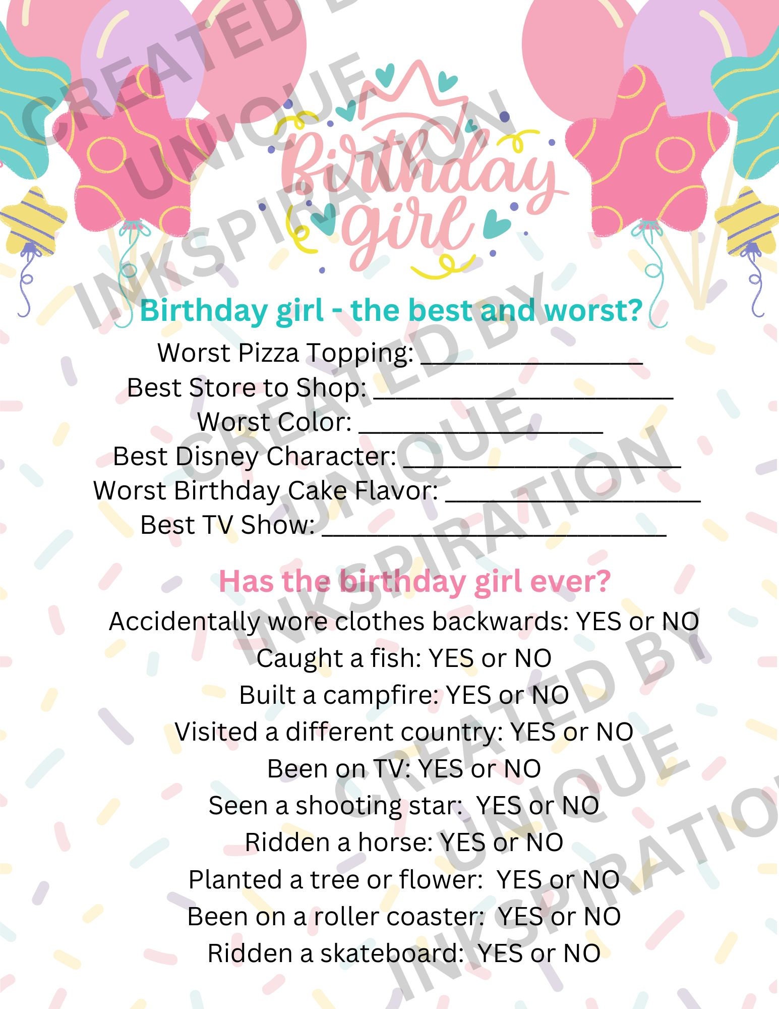 Do You Know the Birthday Girl - Fun Questionnaire for Guests, Birthday ...