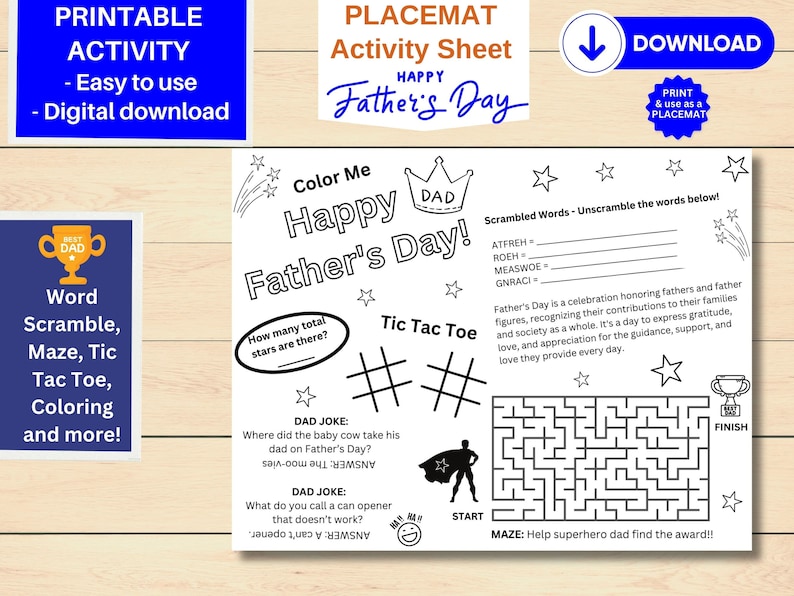 Father's Day Printable Placemat for Kids, Table Mat Activity Sheet ...