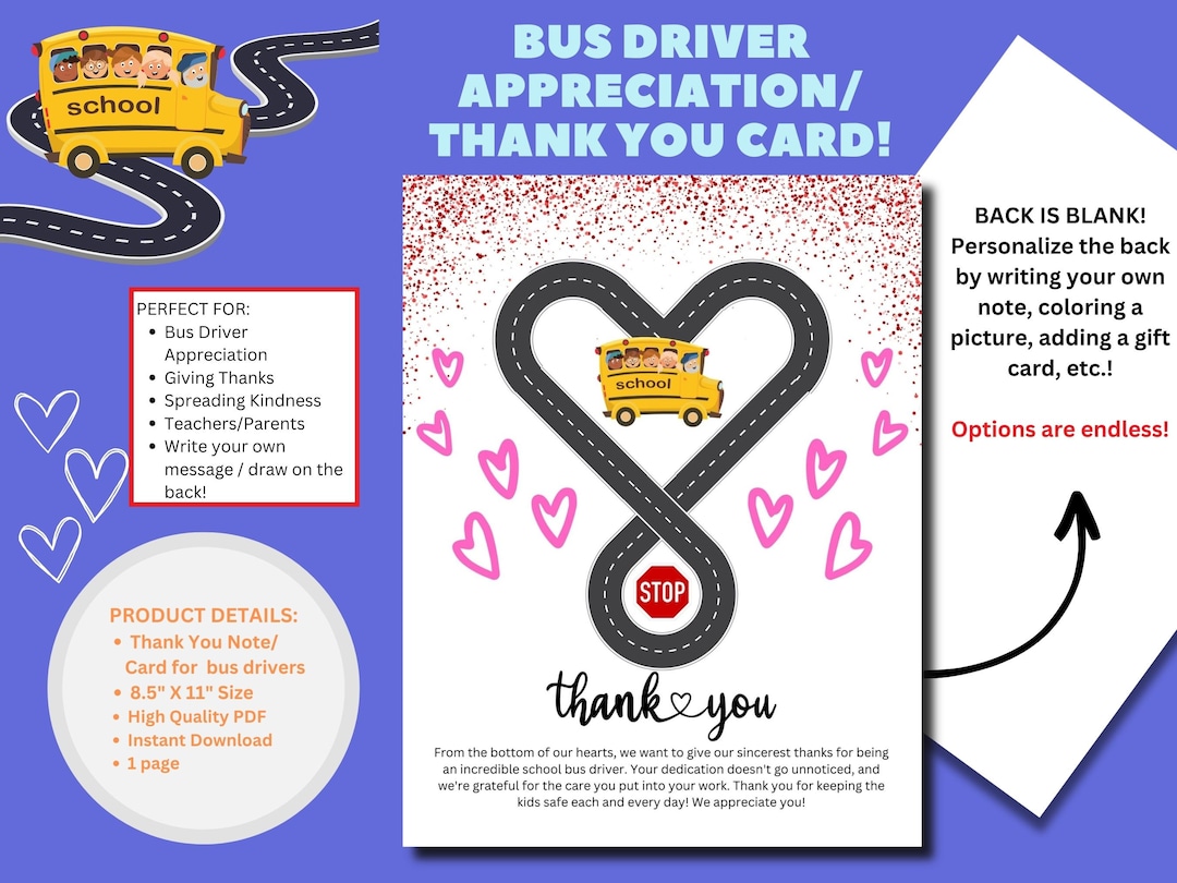 Cute School Bus Driver Appreciation Note/ Thank You Card, Class ...