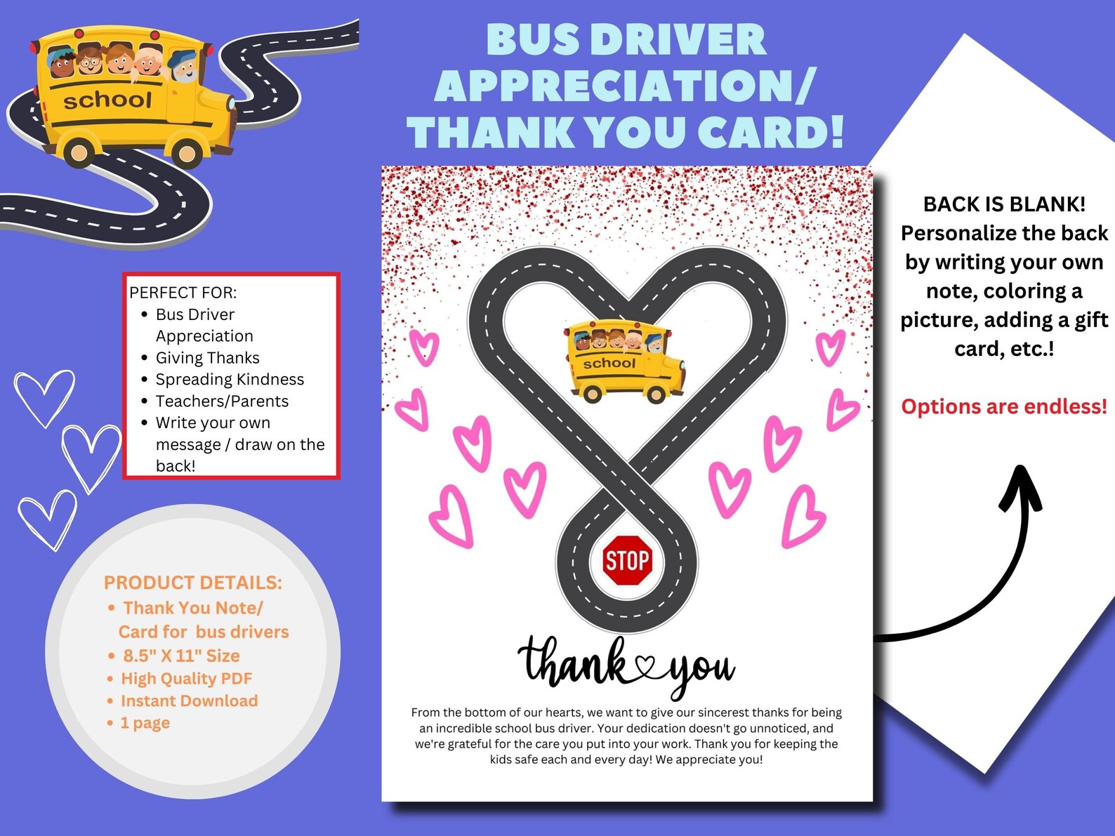 Cute School Bus Driver Appreciation Note/ Thank You Card, Class ...