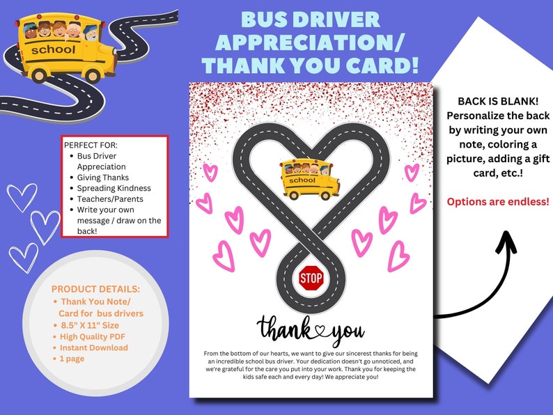 Cute School Bus Driver Appreciation Note/ Thank You Card - Etsy