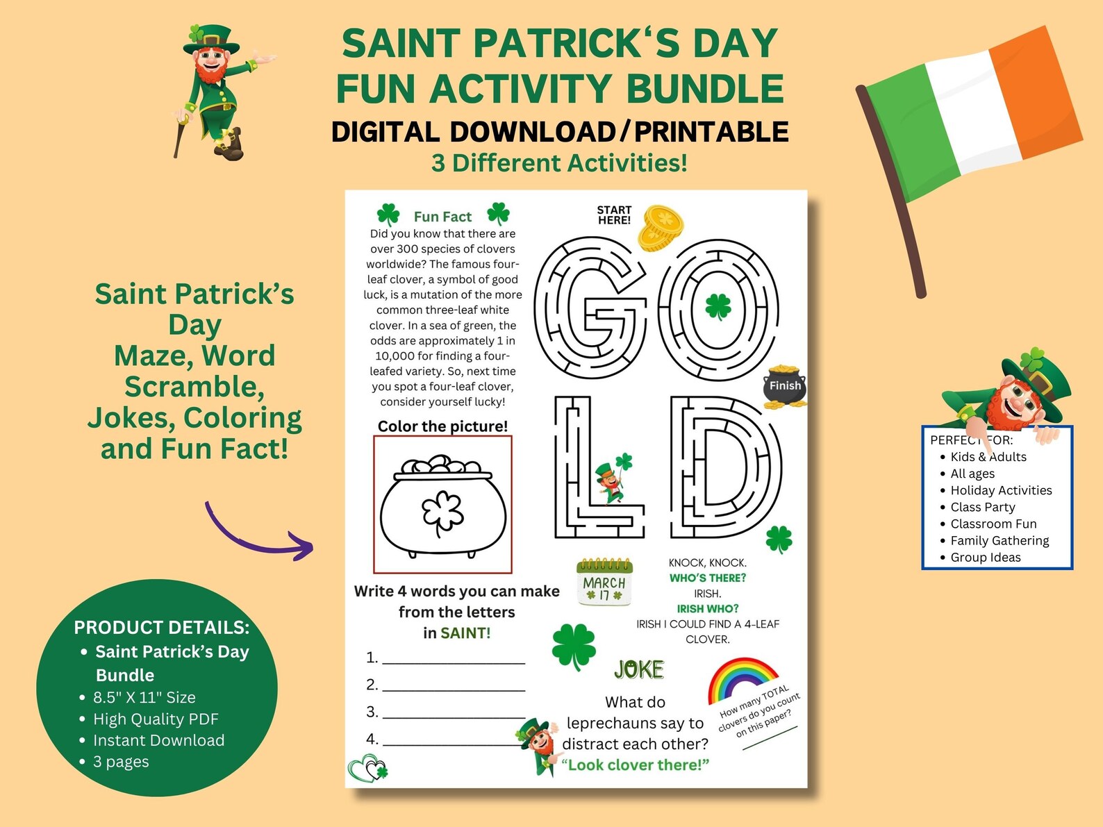 Saint Patrick's Day Fun Pack, Maze Bundle, Variety of Puzzles, Class ...