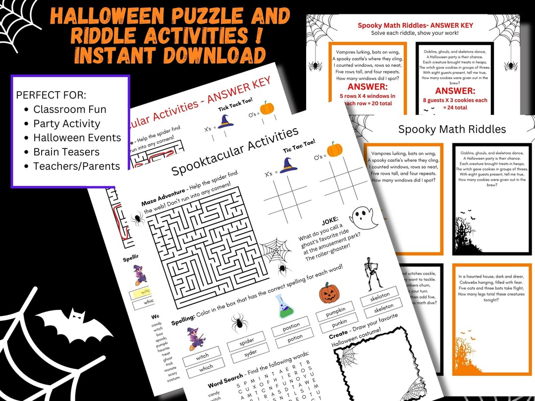 Halloween Puzzles: Mazes, Word Search, Spelling and More, Math Riddles ...