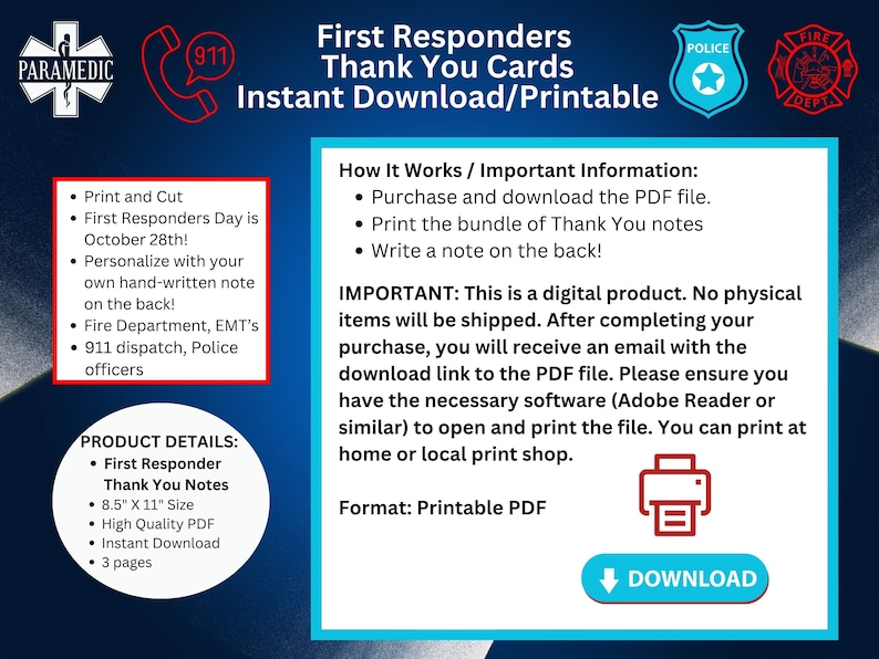 First Responders Thank You Notes, Hero Appreciation, Instant Download ...