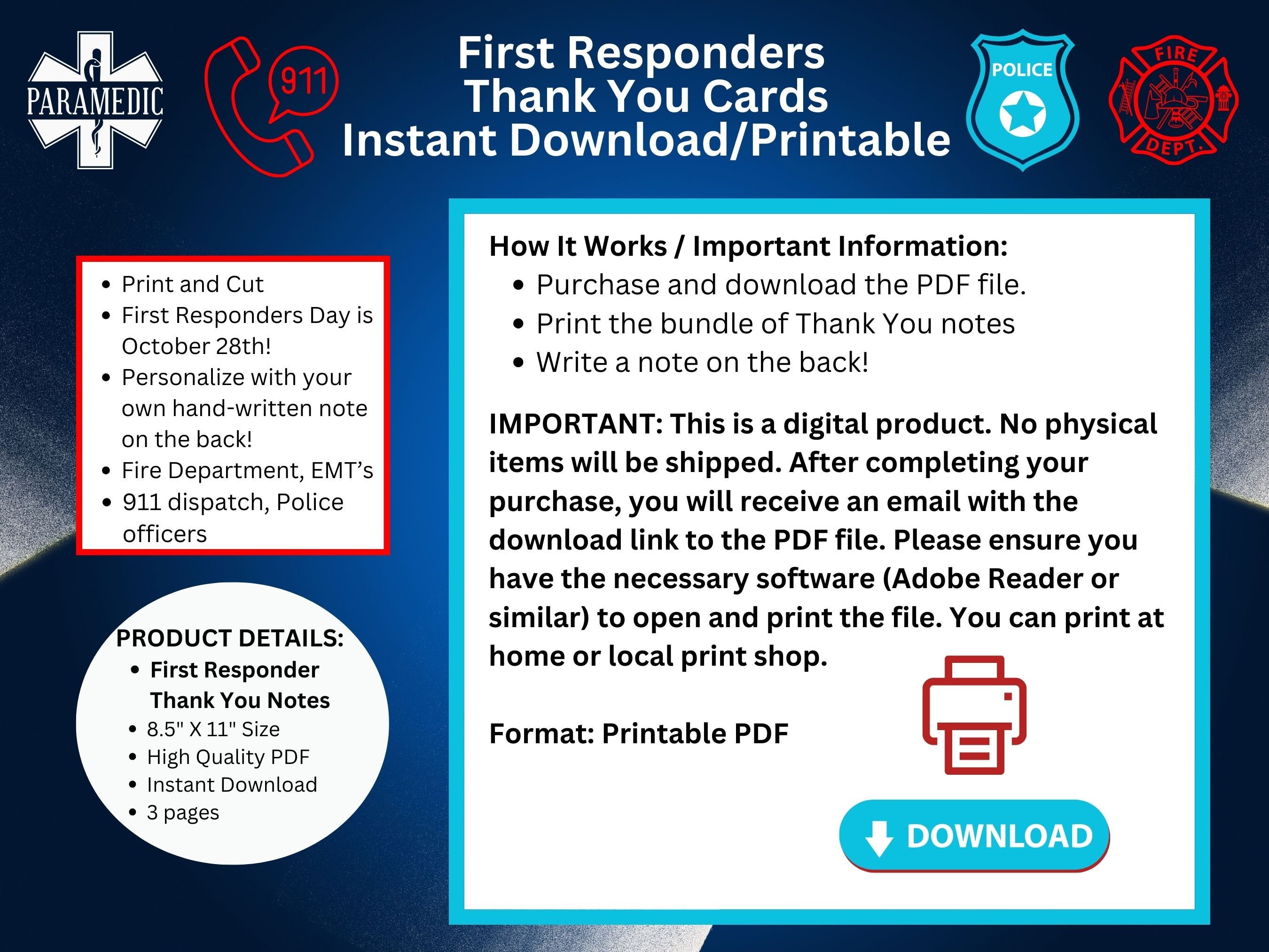 First Responders Thank You Notes, Hero Appreciation, Instant Download ...