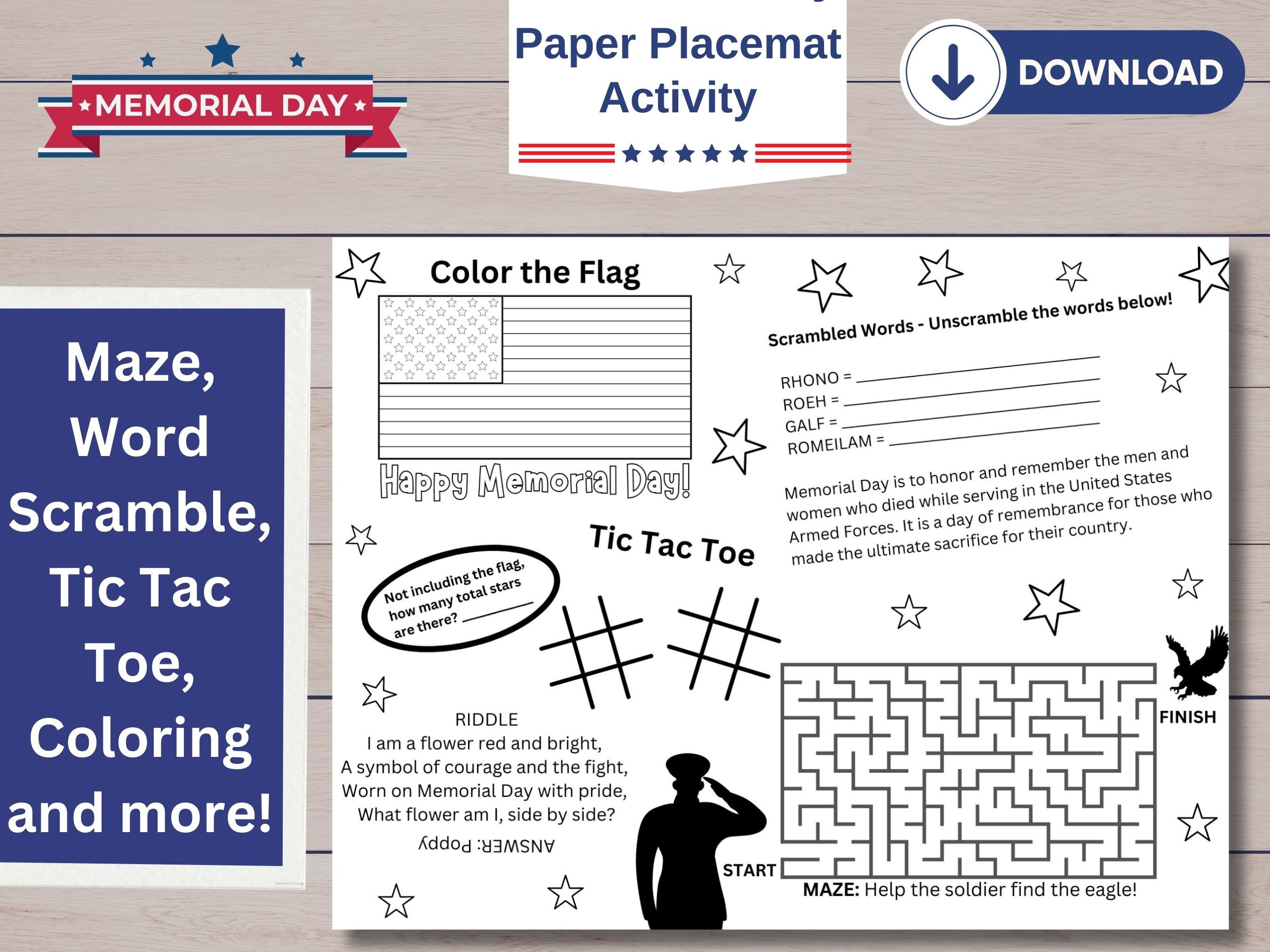 Memorial Day Printable Placemat, Activity Sheet, Table Mat Craft ...
