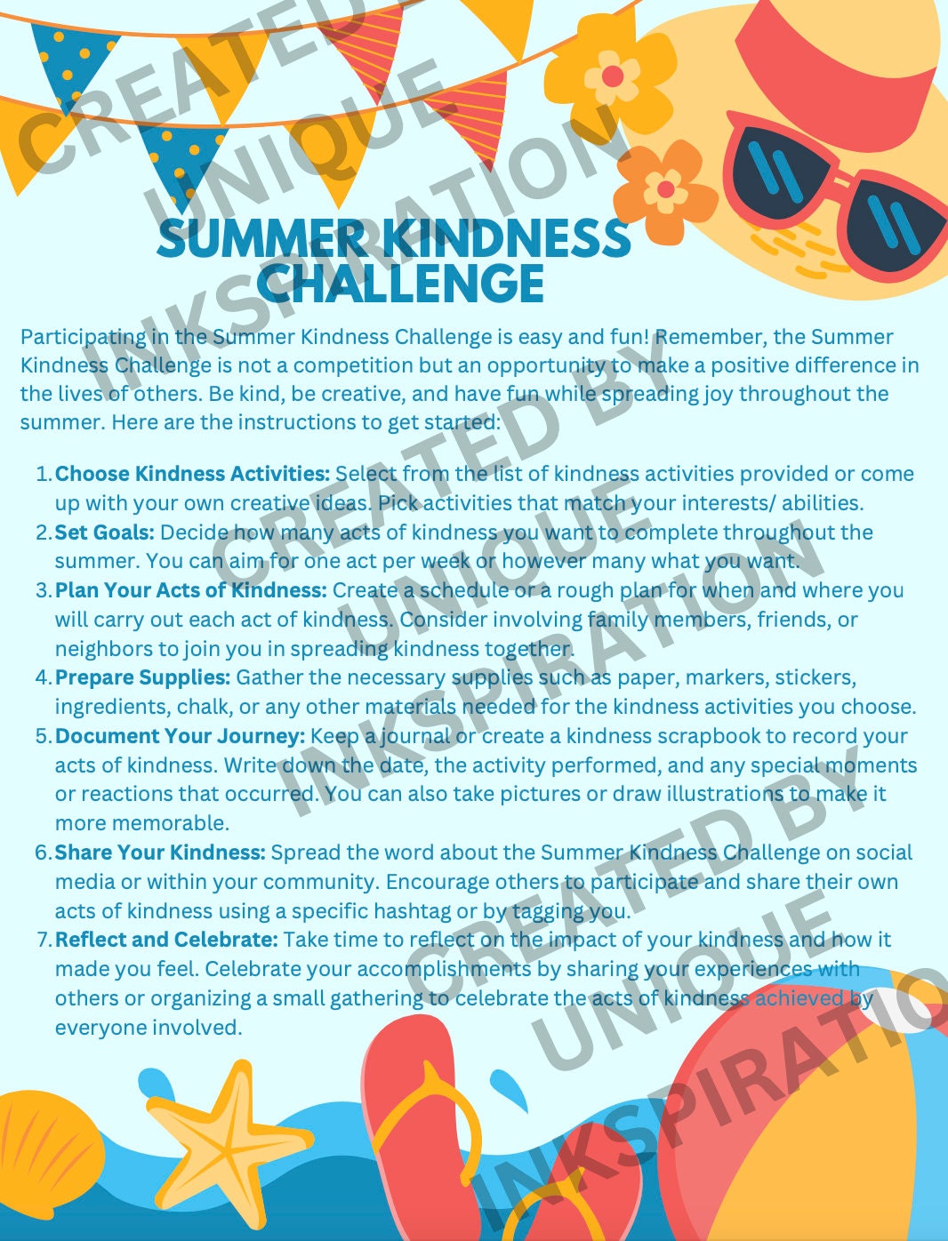 Summer Kindness Challenge for Kids Instant Printable/download, - Etsy