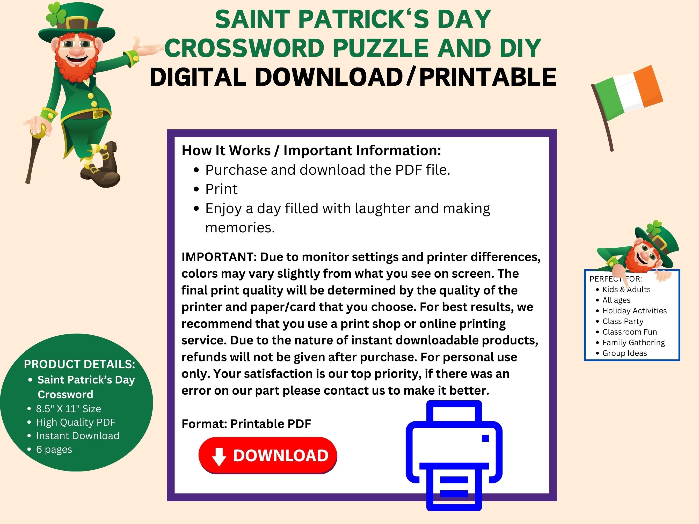 St. Patrick's Day Crossword Puzzle Bundle & DIY Template, Class/family ...