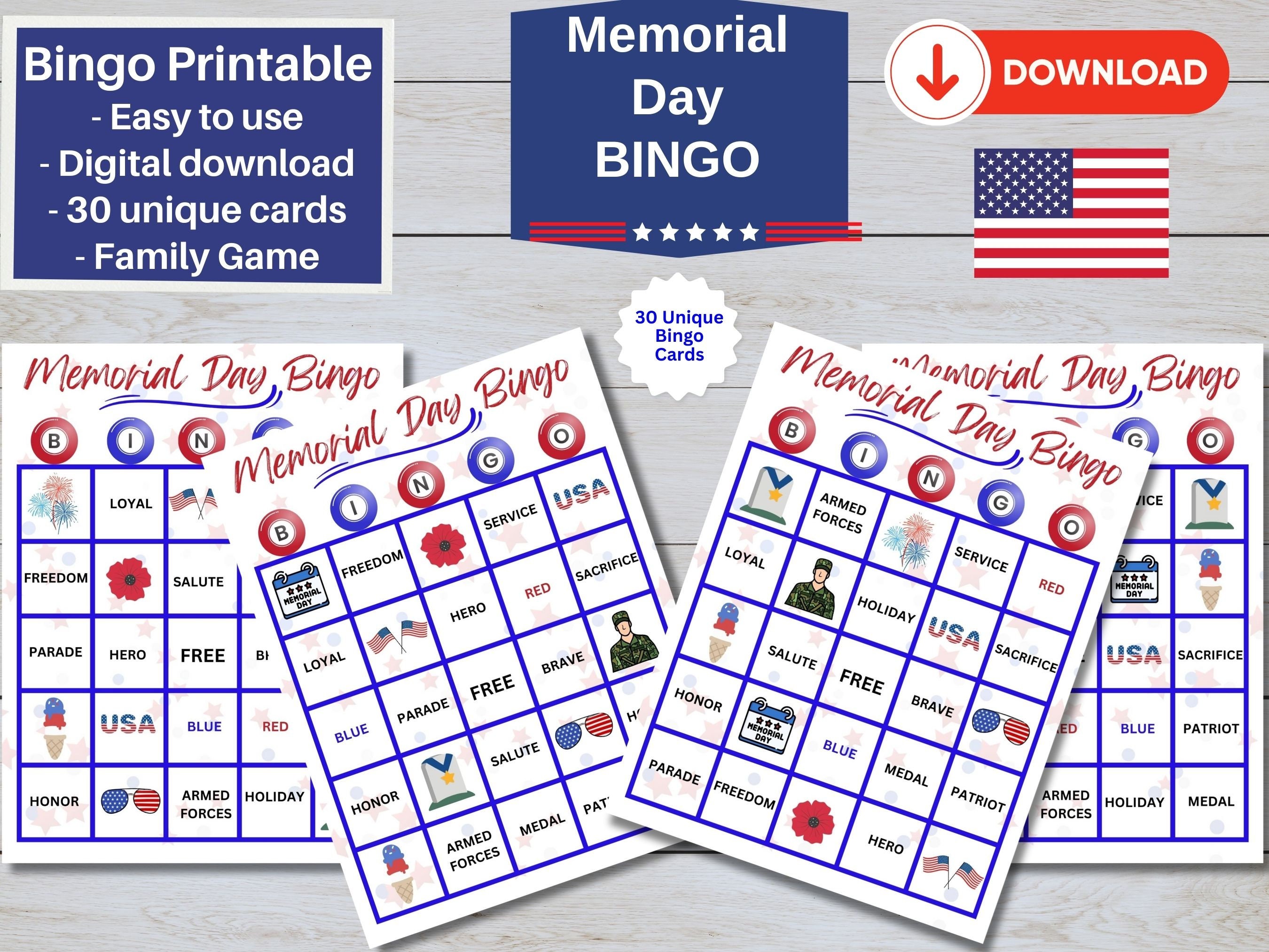 Memorial Day Bingo - 30 Unique Printable Bingo Cards - Etsy