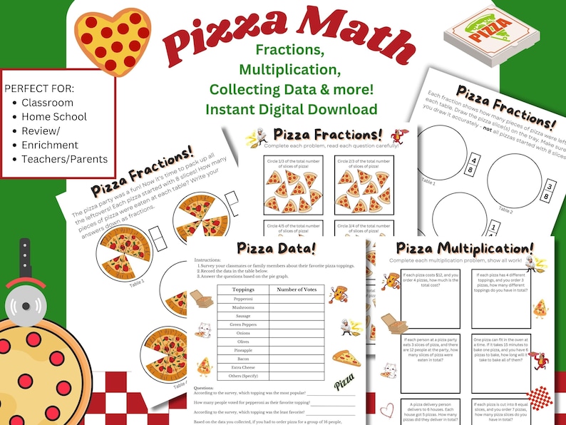 Pizza Math Worksheets, Fractions, Multiplication, Data Collection ...