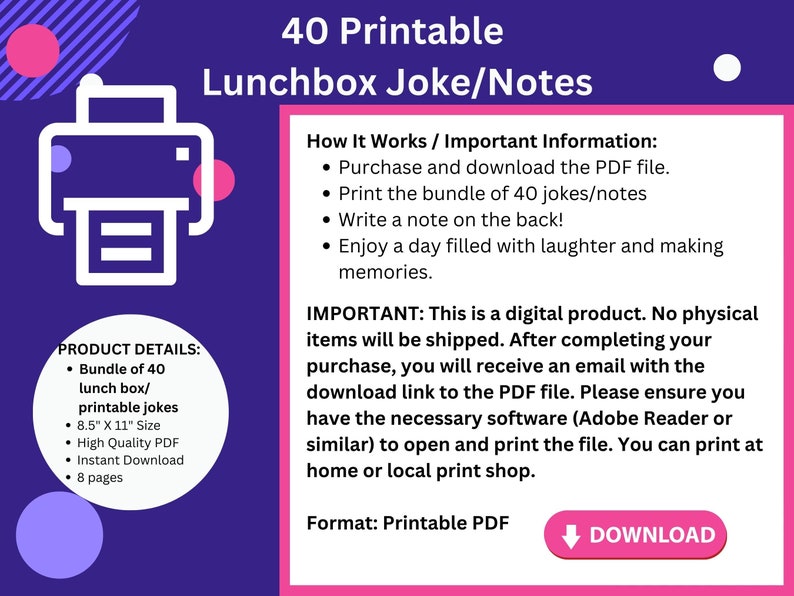 Bundle of 40 Funny Jokes, Kid's Lunchbox Notes, Ice-beaker Laughs ...