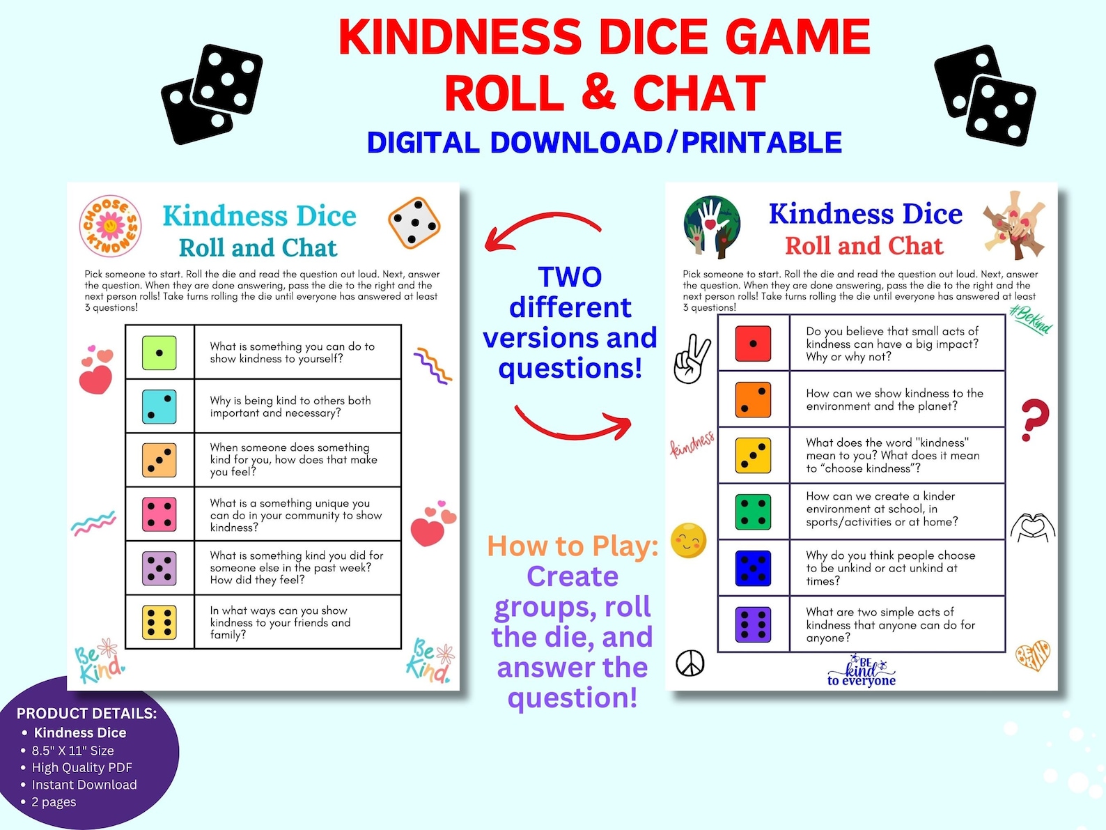 Kindness Dice Game, Conversation Starters, Roll and Play, Group/class ...