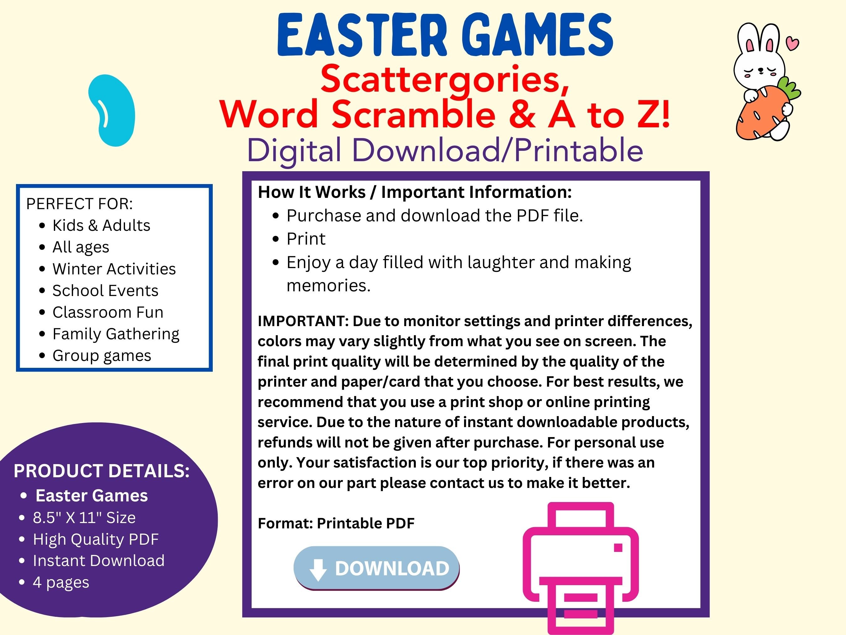 Easter Fun Pack: Word Scramble, A to Z Game, Scattergories, Game Time ...