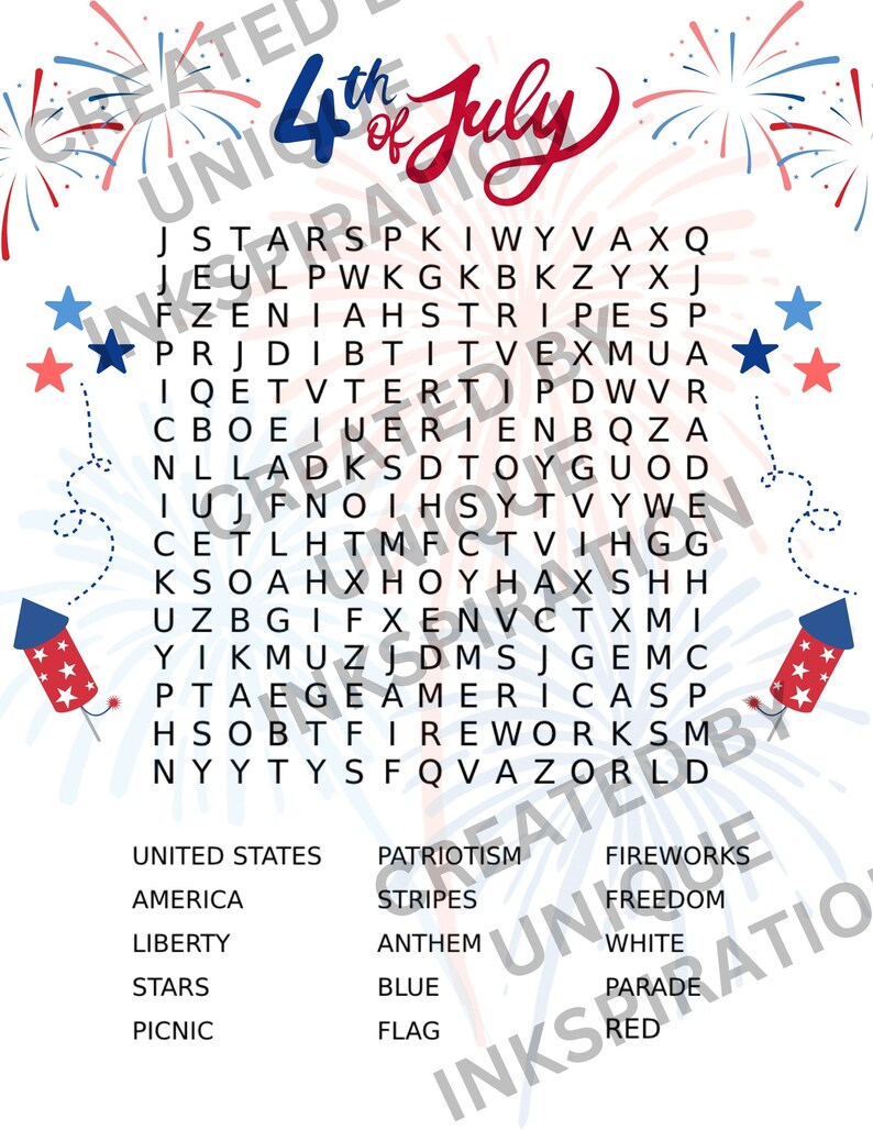 Fourth of July Patriotic Word Search Activity PDF, Kids Fun Activity ...