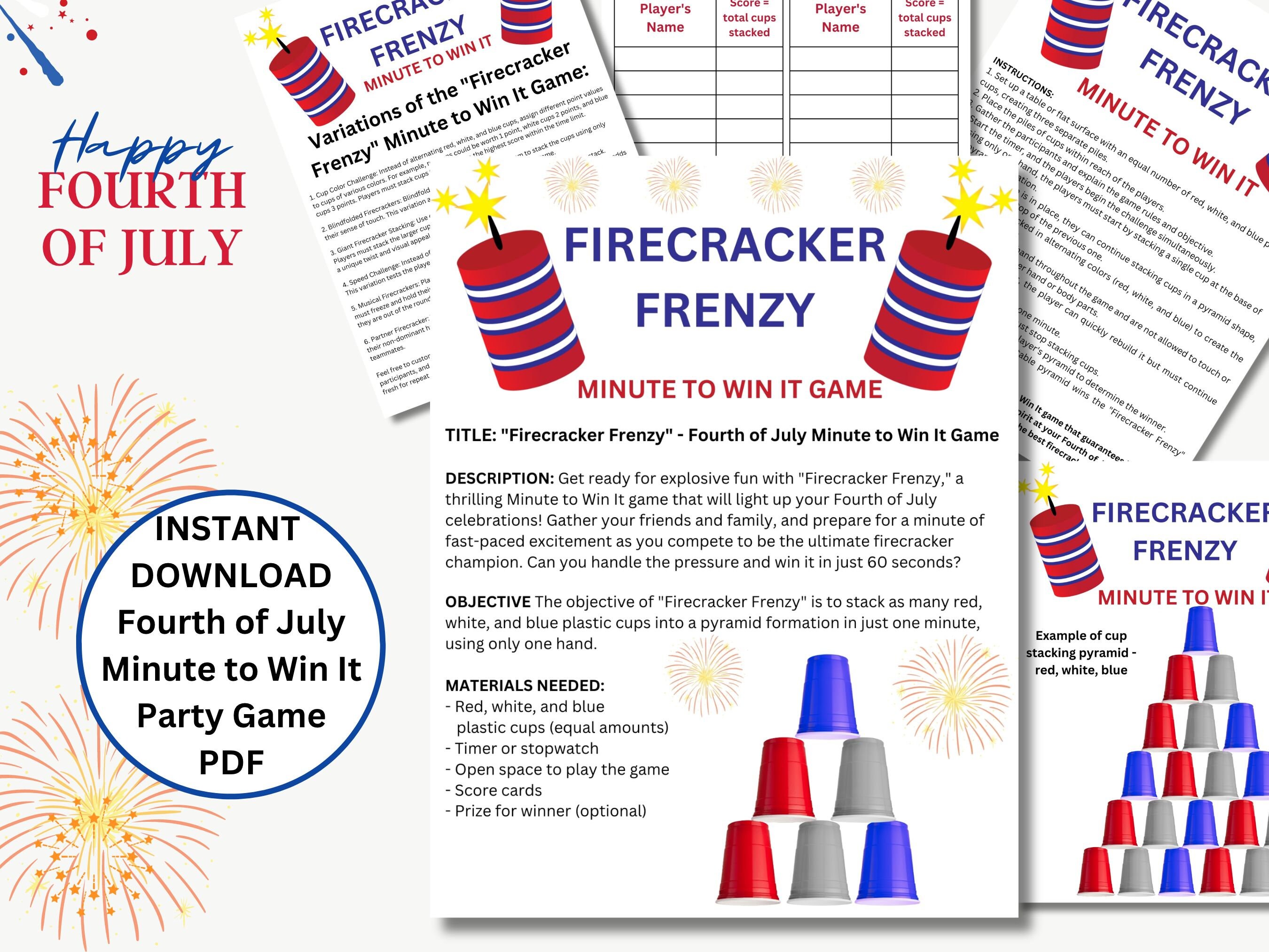 Firecracker Frenzy Fourth of July Minute to Win It Party Game Printable ...