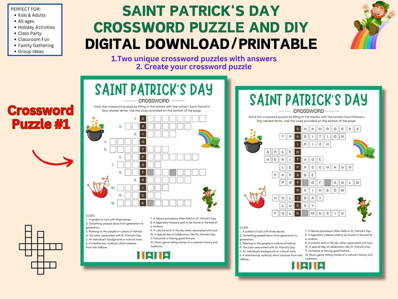 St. Patrick's Day Crossword Puzzle Bundle & DIY Template, Class/family ...