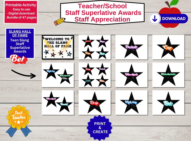Teacher Staff Superlative Awards Printable, Slang Hall of Fame, Staff ...