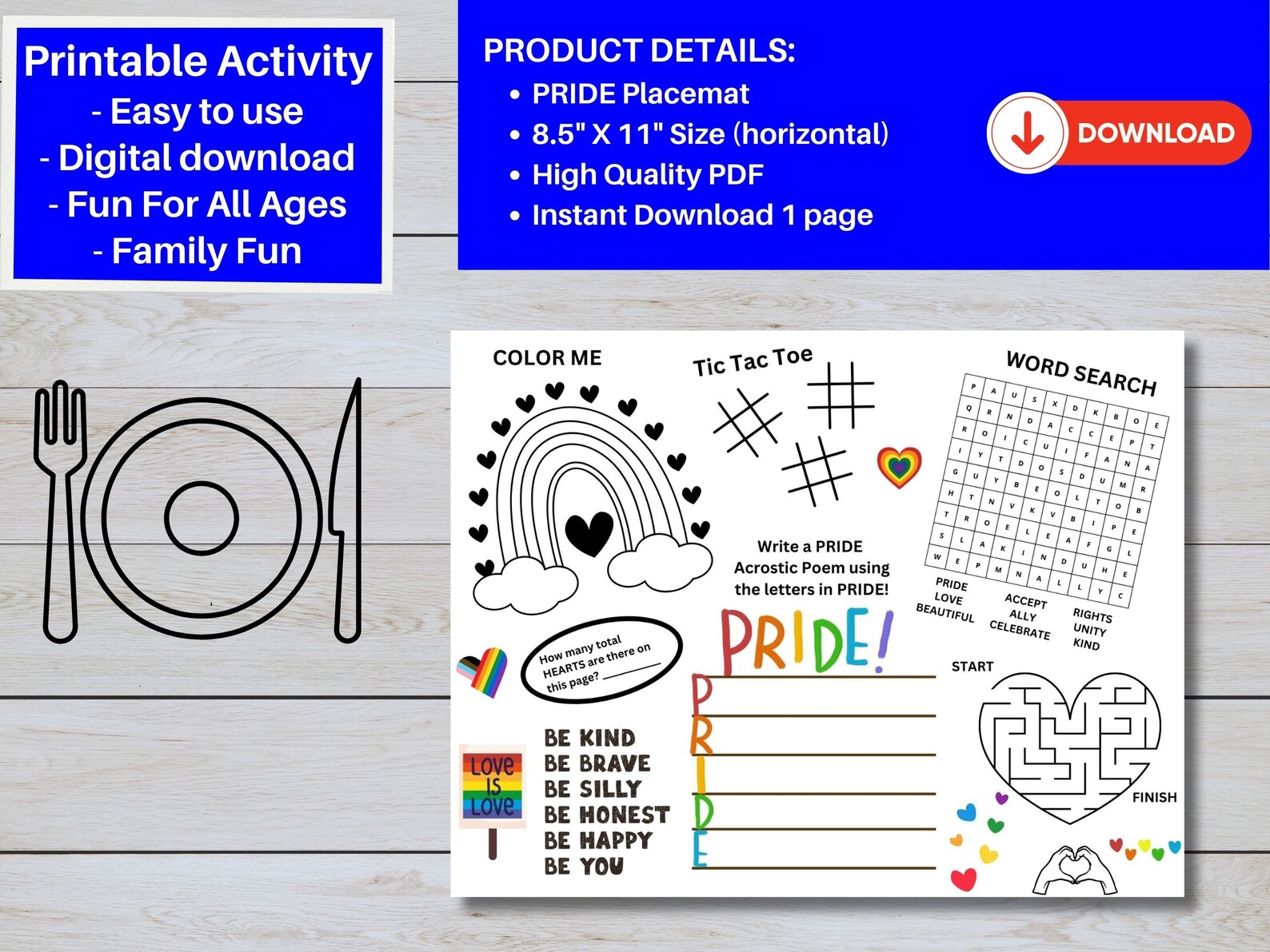 PRIDE Placemat, Fun Kids Activity Table Mat, Craft Activity Page, Love ...