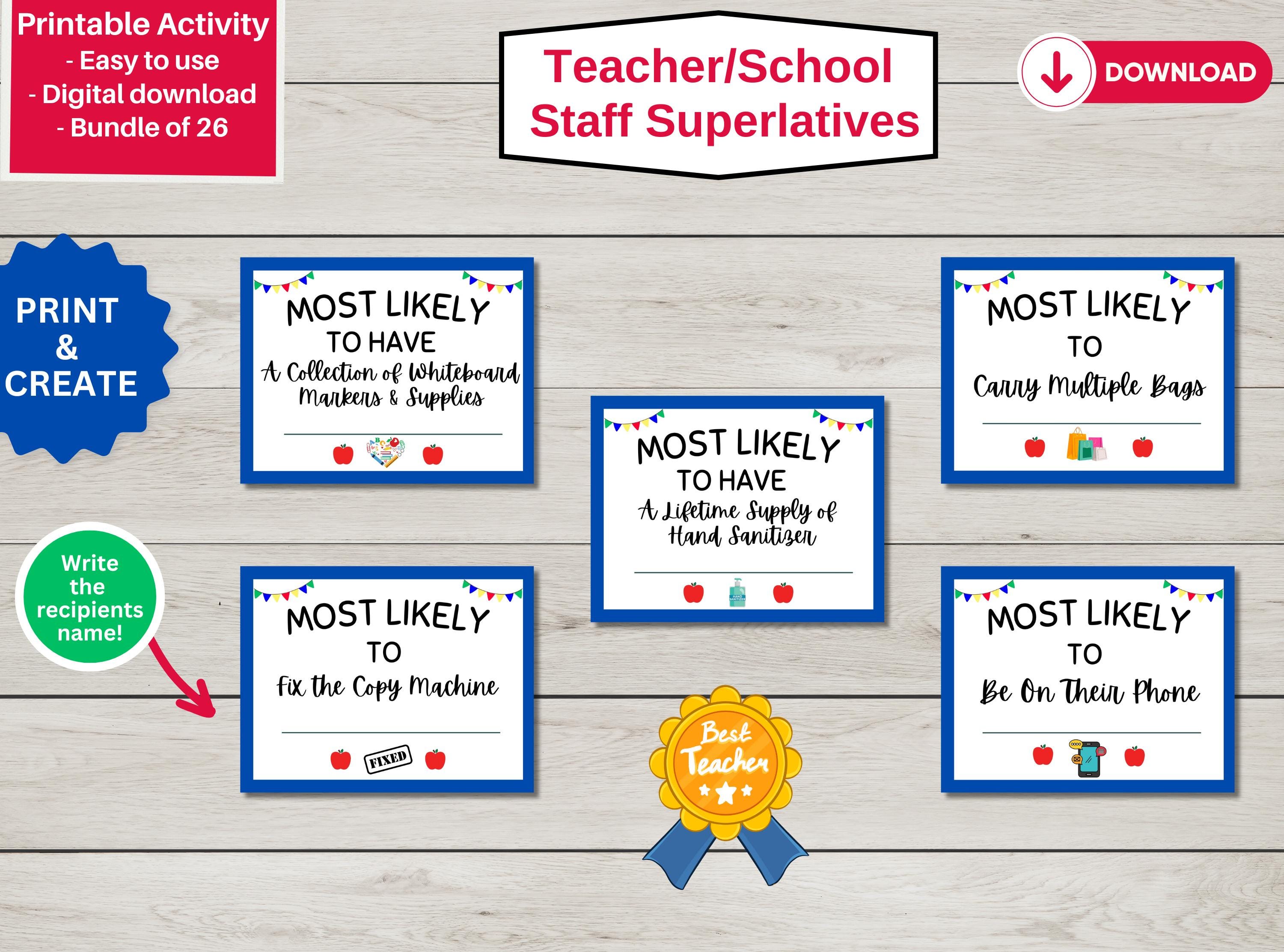 Teacher/staff Superlative Awards, School Party, Funny Teacher ...