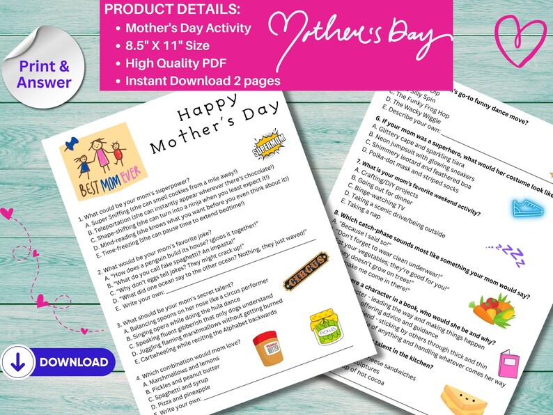 Mother's Day Quiz, Funny Gift for Mom, Personalized Activity for Kids ...