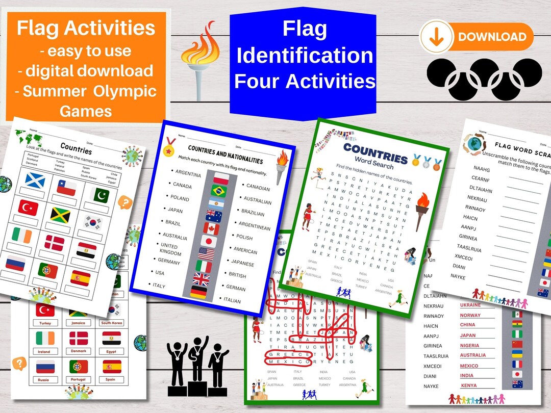 Flag Identification Activity Bundle, Summer Games 2024, Word Scramble ...