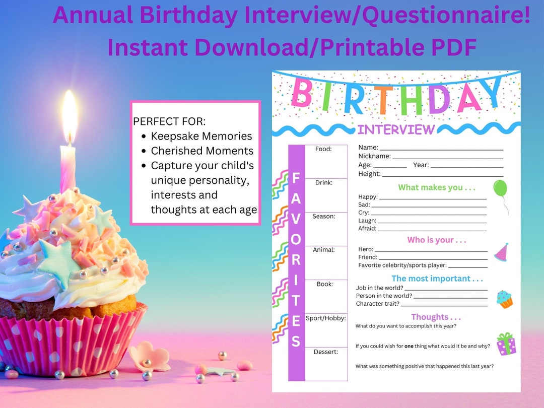 Birthday Annual Interview Questionnaire, Keepsake Memory, Instant ...
