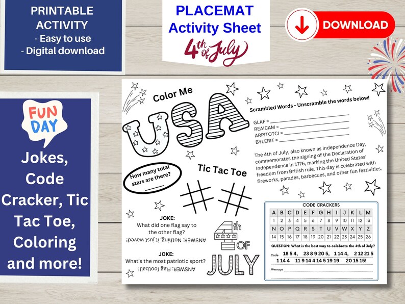 4th of July Printable Placemat for Kids, Table Mat Activity Sheet ...
