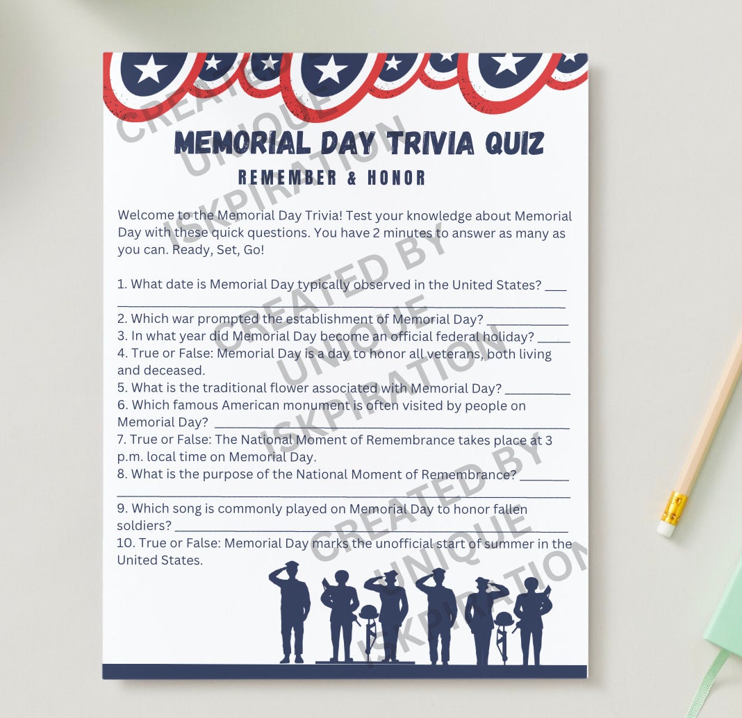 Memorial Day Trivia Quiz With Scoring Guide- Easy Download/printable - Etsy