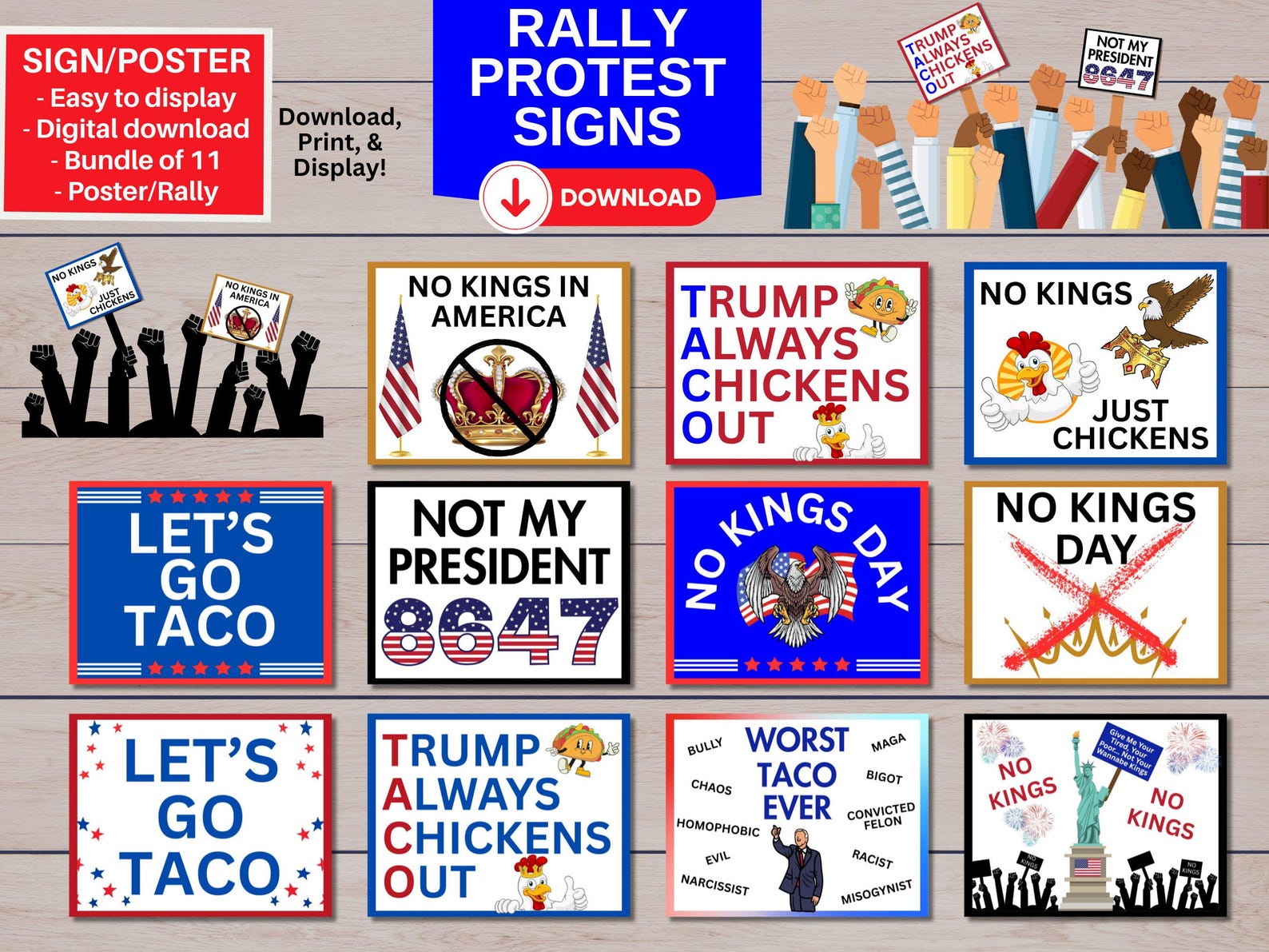 No Kings Day Printable Protest Signs – Political Posters, TACO, Trump ...