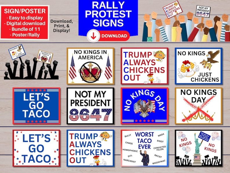 No Kings Day Printable Protest Signs – Political Posters, TACO, Trump ...