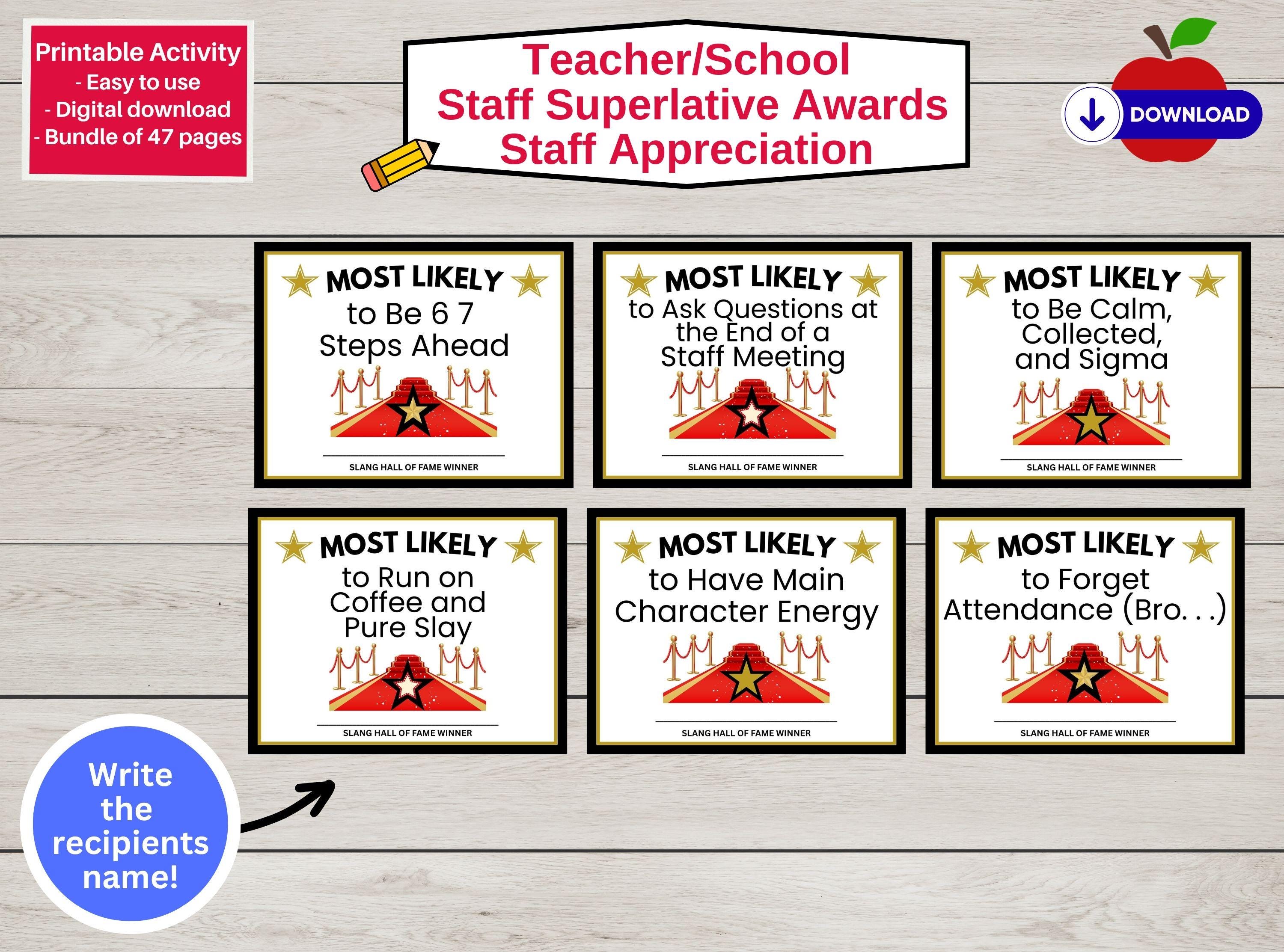 Teacher Staff Superlative Awards Printable, Slang Hall of Fame, Staff ...