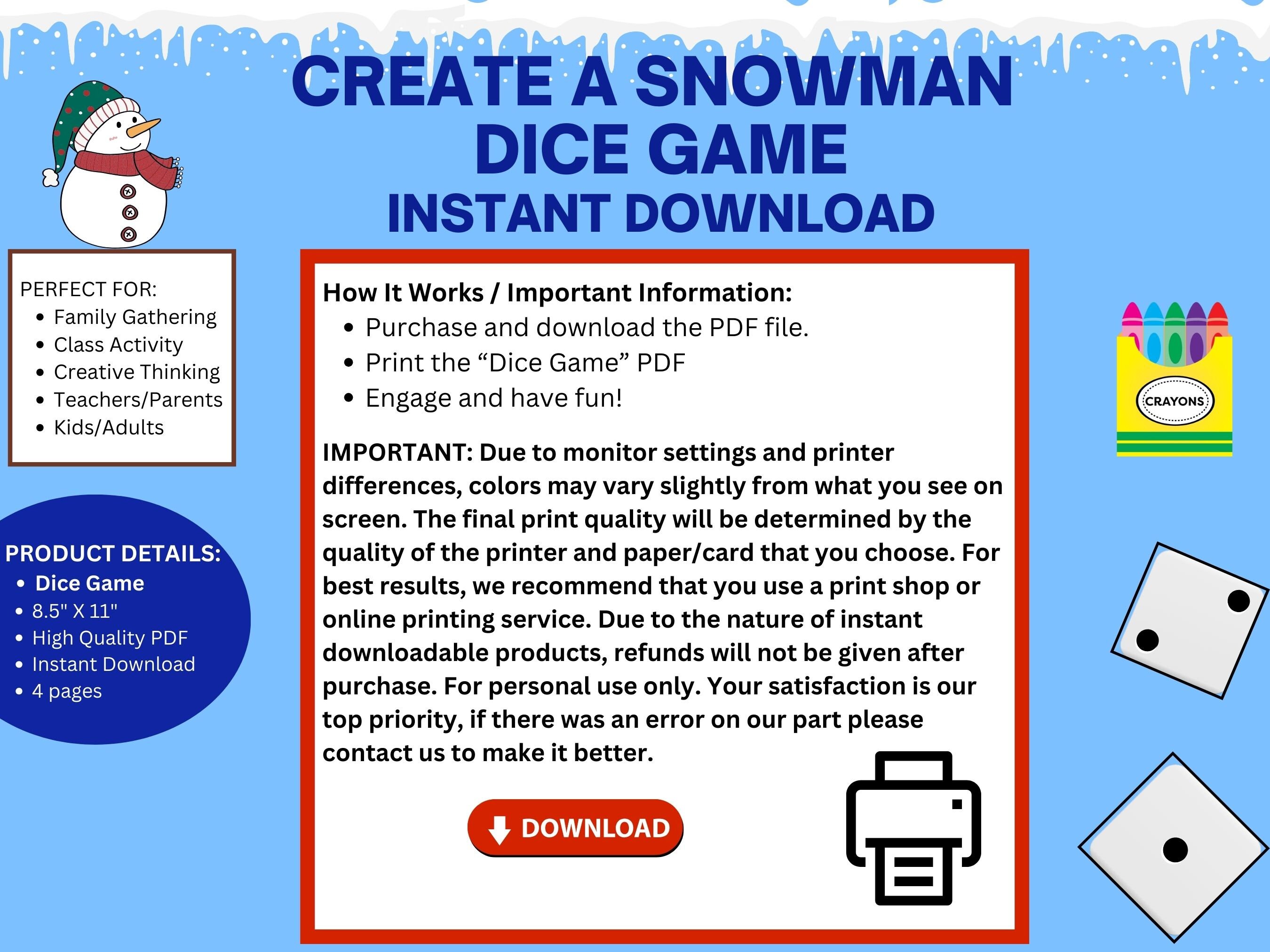 Create A Snowman Dice Game, Class Party, Interactive, Group/school ...